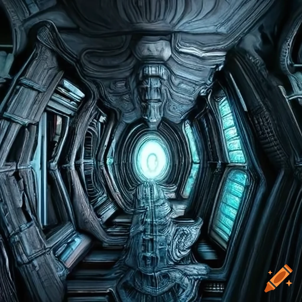 Corridor in an alien spaceship inspired by h.r. giger on Craiyon