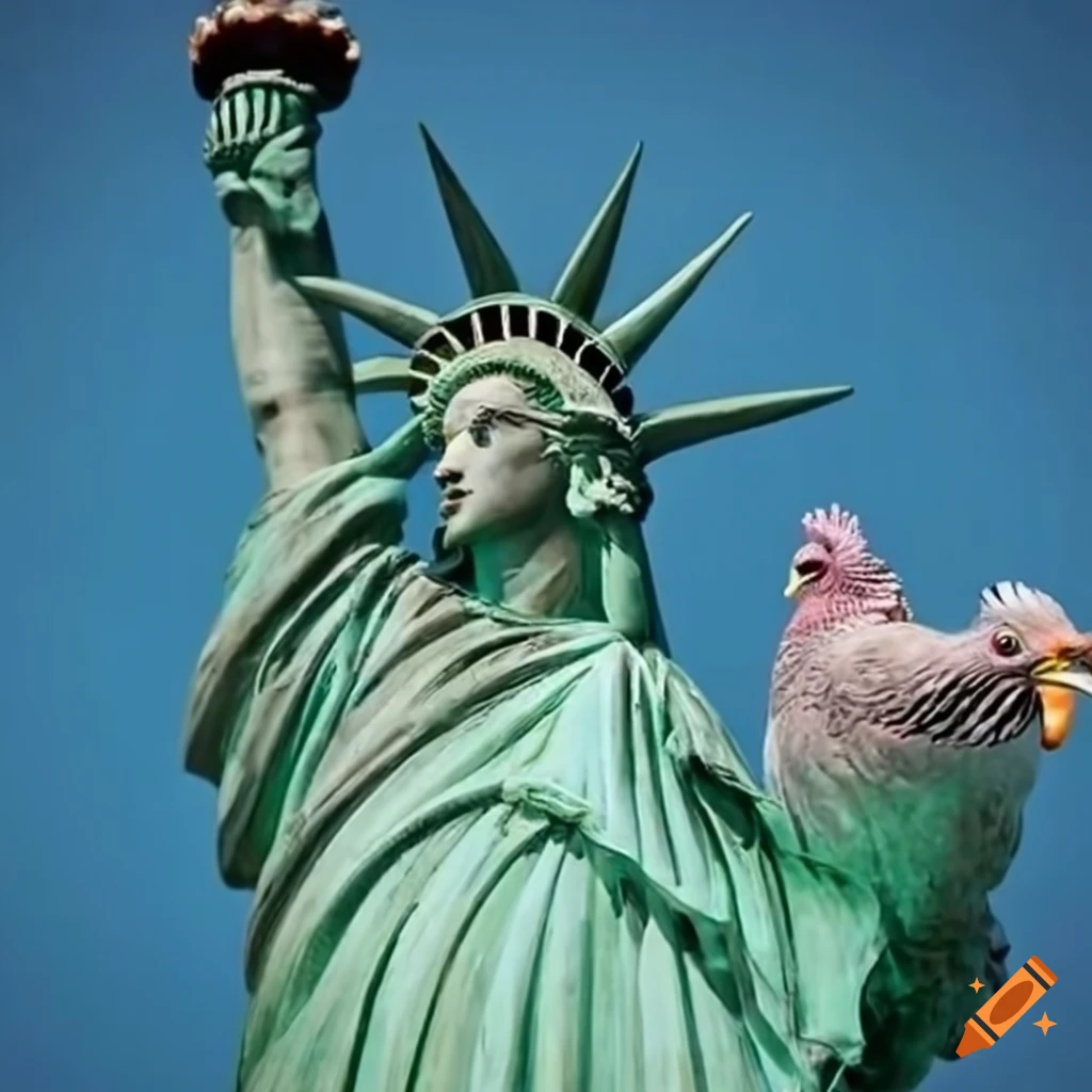 Lady Liberty statue with a chicken on her crown on Craiyon