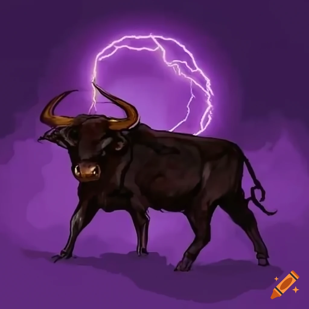 Bull walking through arizona under a purple sky with lightning on Craiyon