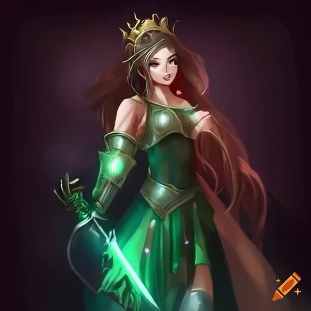 Knight girl holding a massive green sword with glowing glyphs on Craiyon