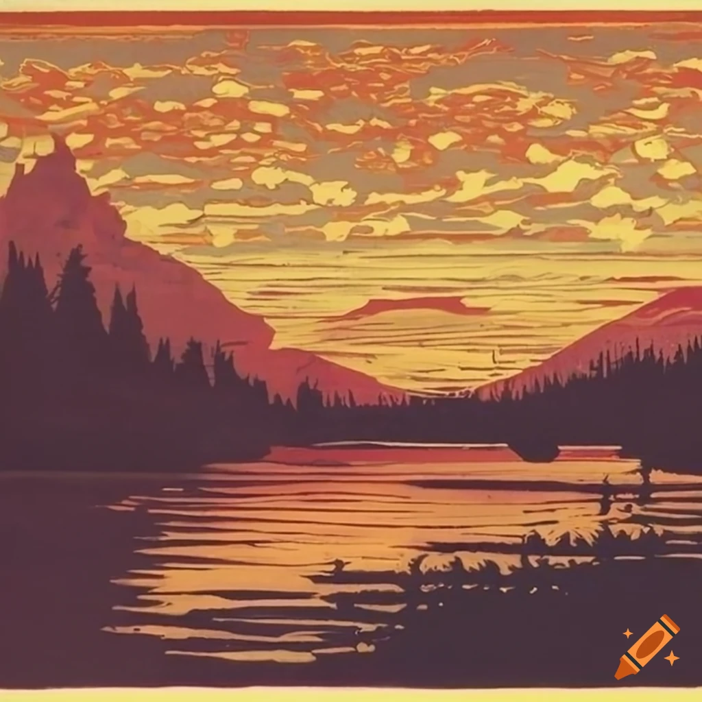 American landscape in woodblock style on Craiyon