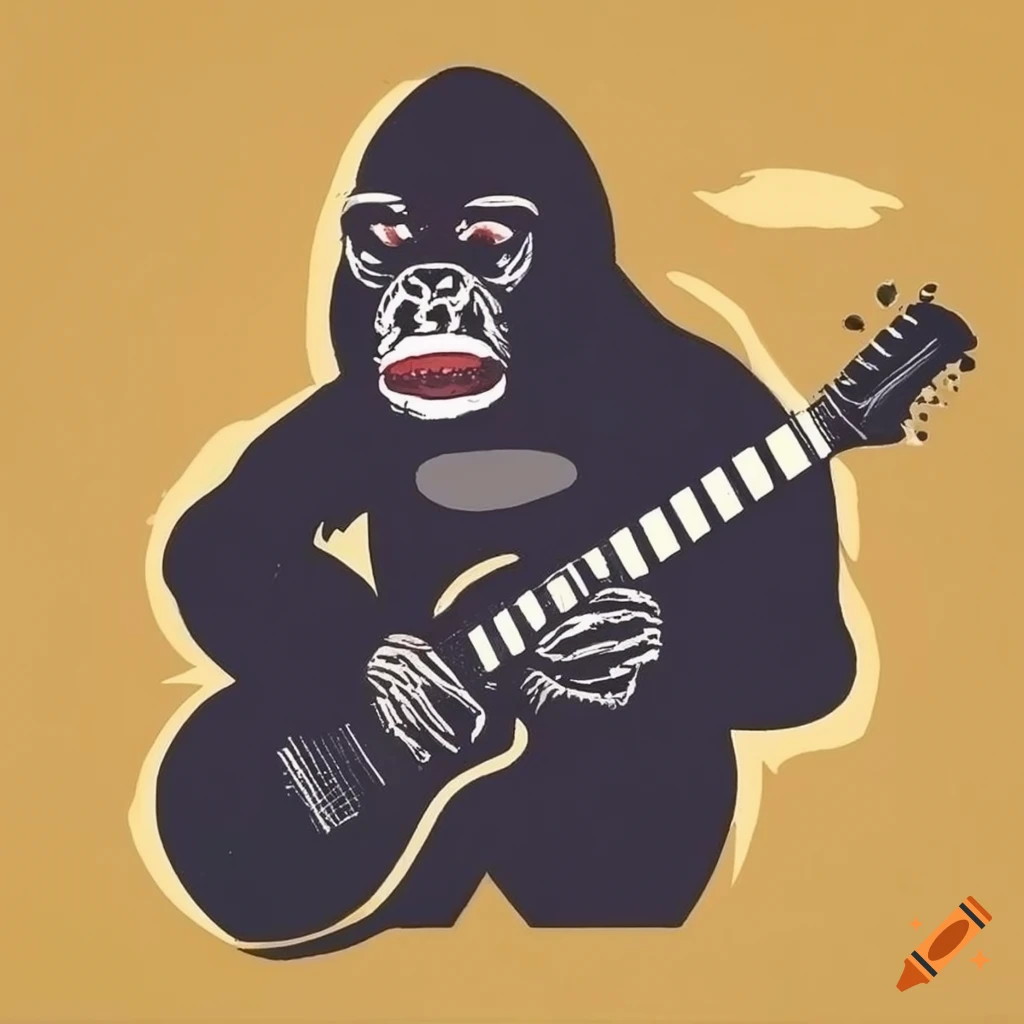 King kong playing guitar in linocut style on Craiyon