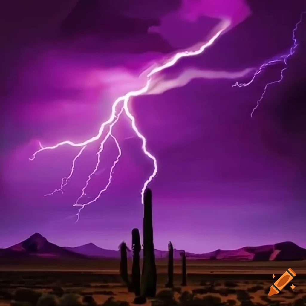 Arizona desert with purple sky and lightning striking a bull on Craiyon
