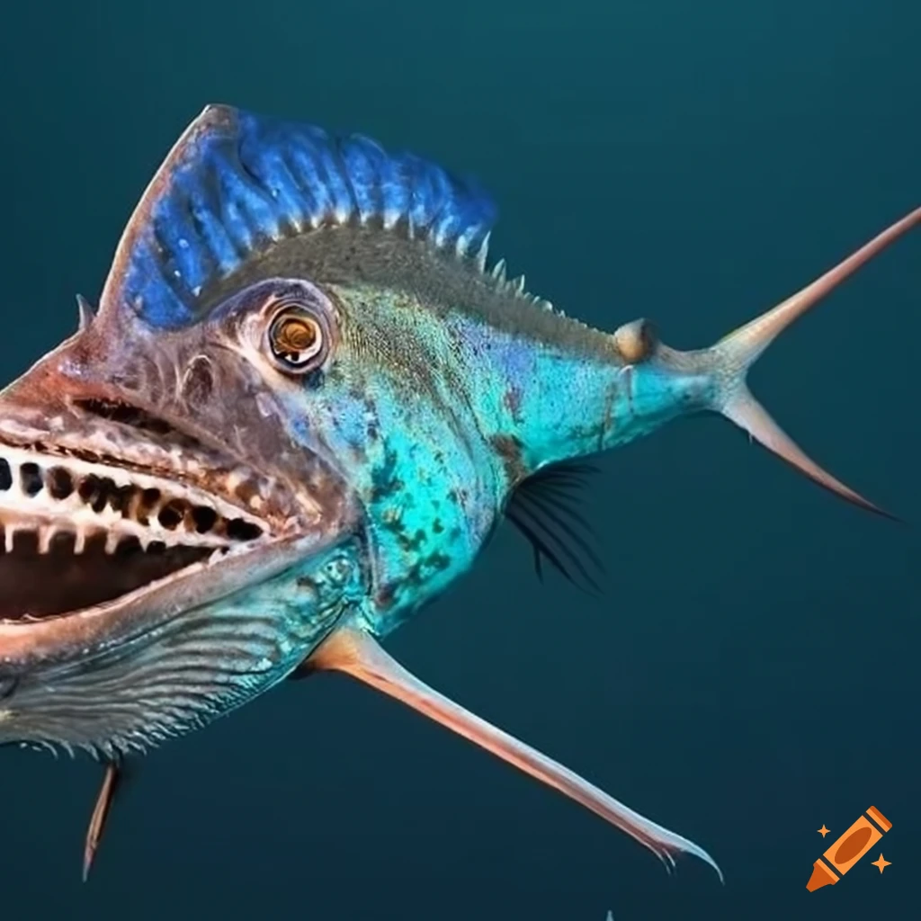 Hybrid creature with traits of angler fish, chameleon, and sailfish on ...
