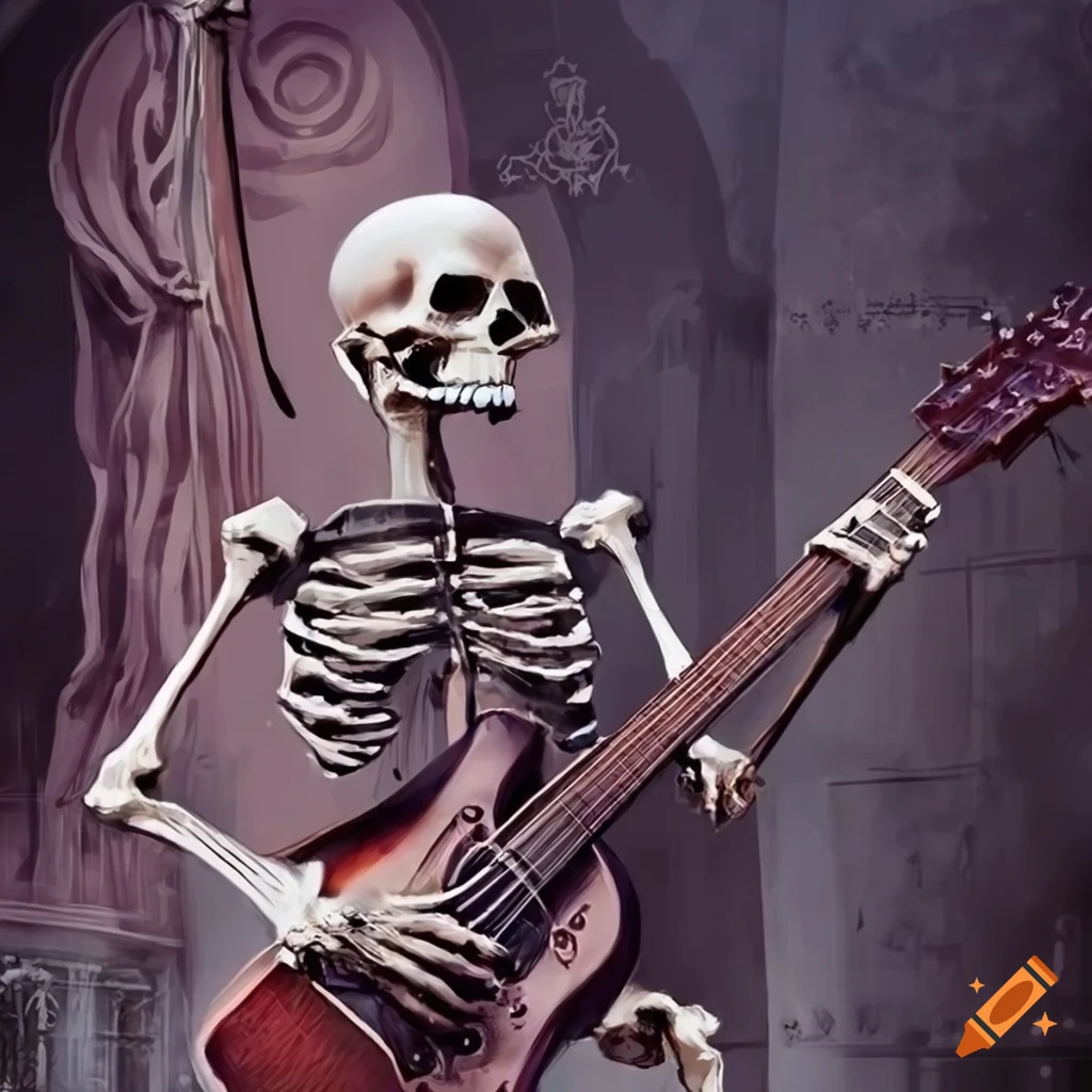 Skeleton playing a guitar on a metal album cover on Craiyon
