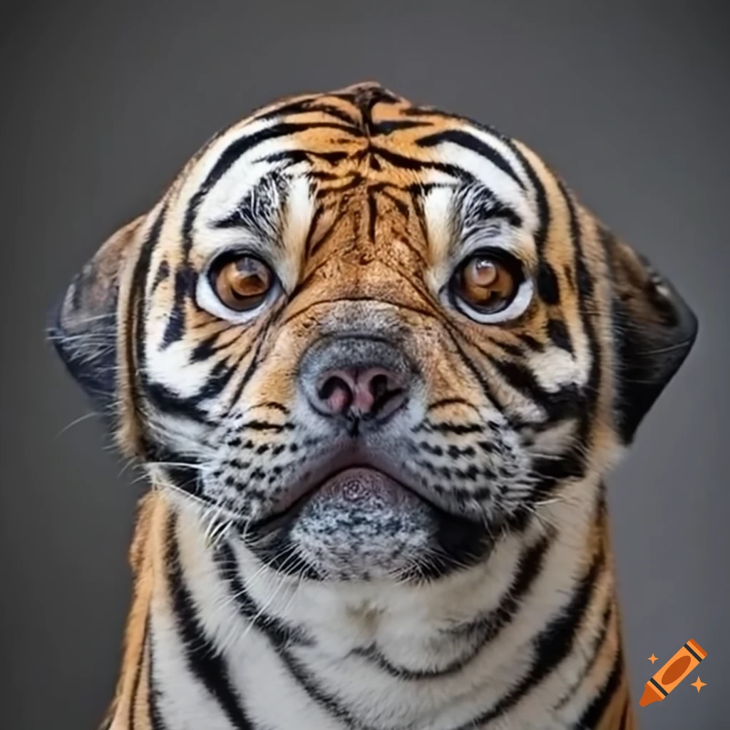 Unique creature with tiger stripes on a pug's head on Craiyon
