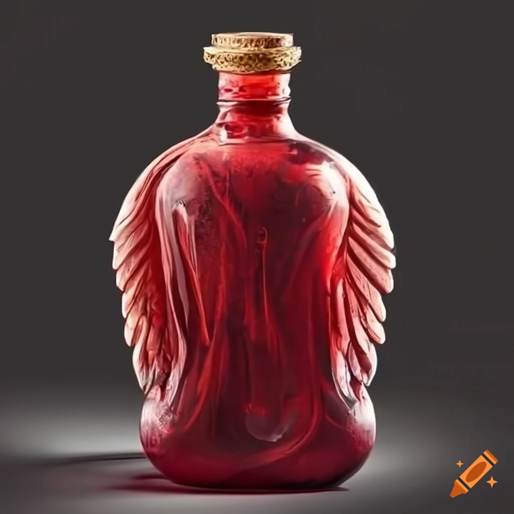 Intricate red potion bottle with angelic wings on Craiyon