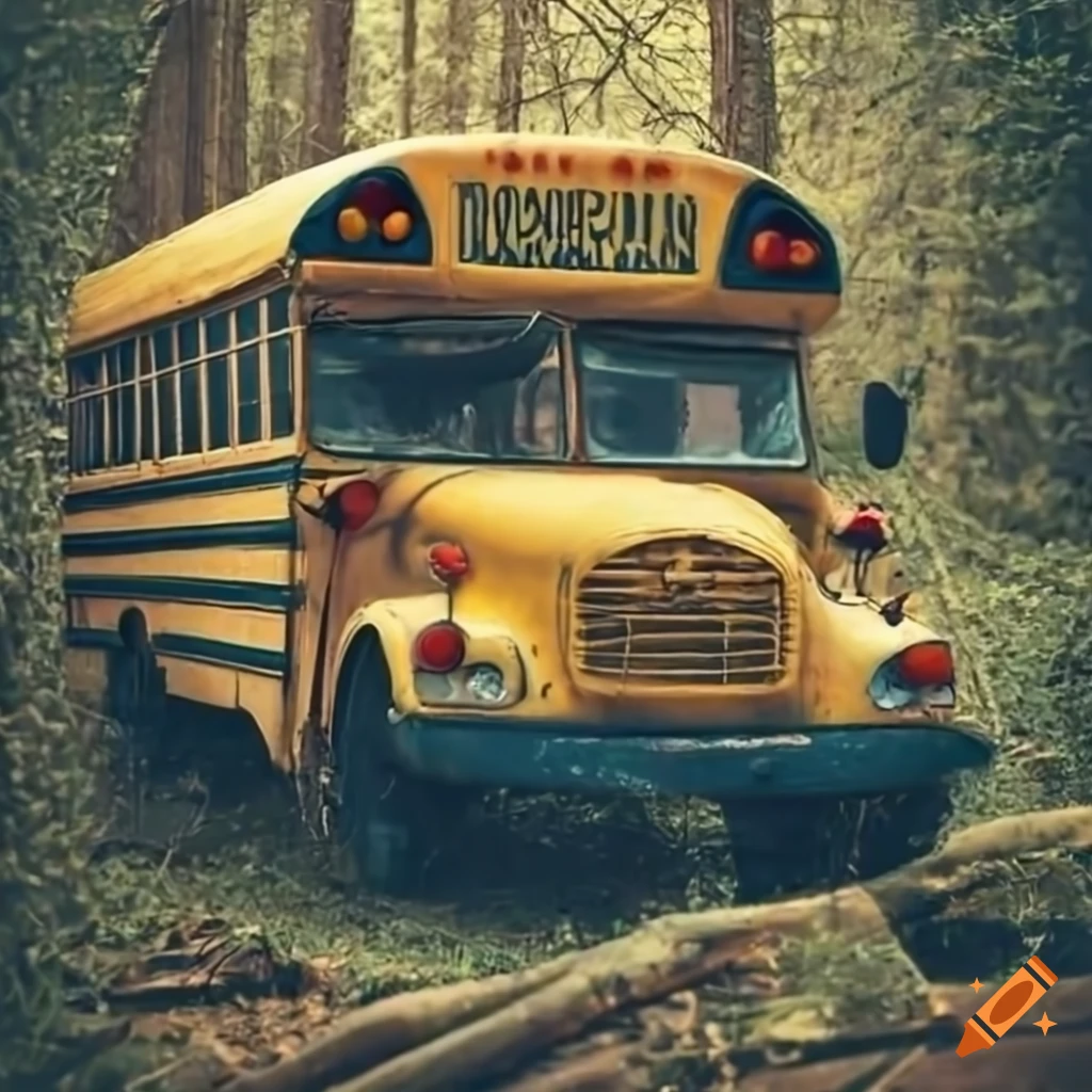 Old yellow school bus parked in deep forest with small animals and ...