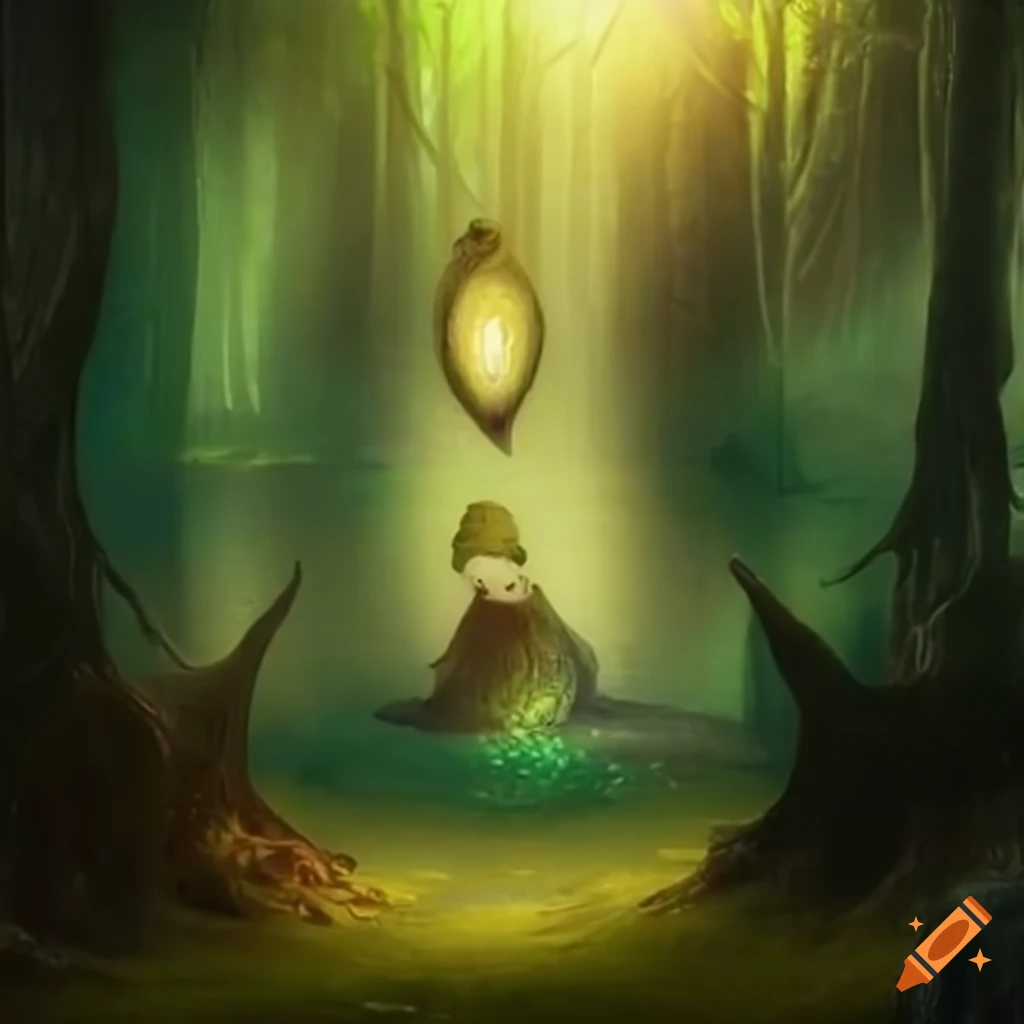 Enchanted forest scene with mythical creatures and a porcelain fairy near a Labrador on Craiyon