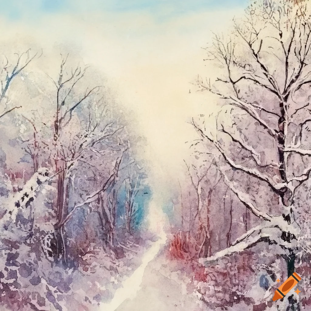 Serene winter path in the countryside captured in vintage watercolor on ...