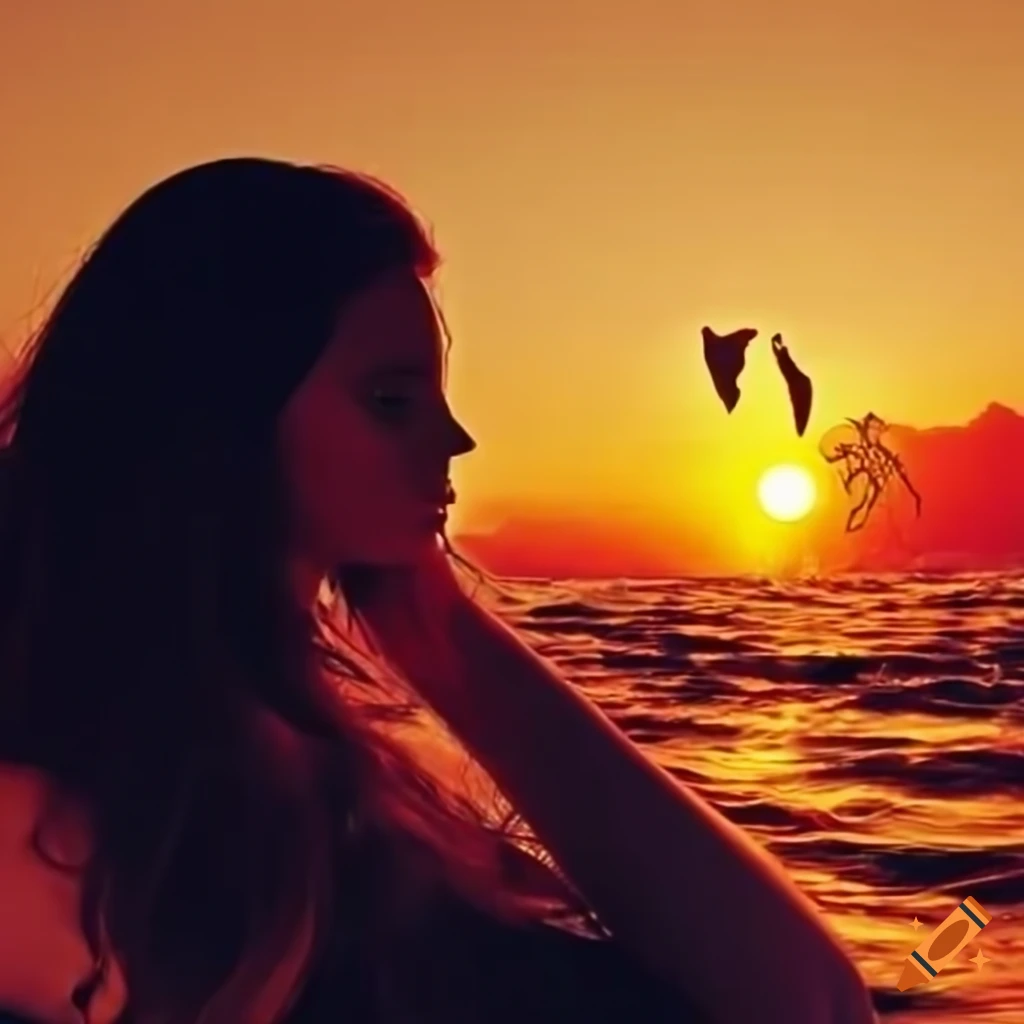 Lana del rey in a magical world at sunset on Craiyon