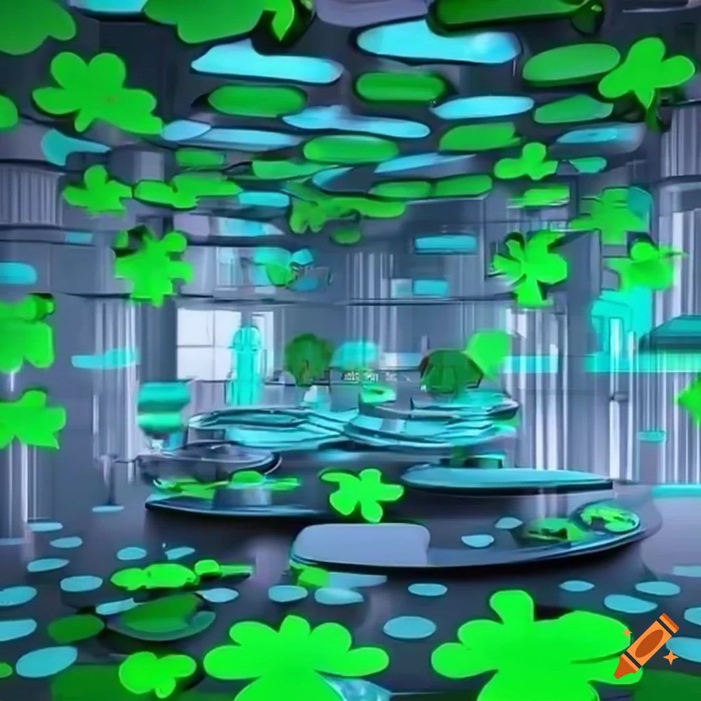 Futuristic computer lab with st. patrick's day theme and holograms on ...
