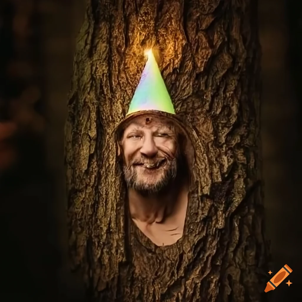 Tree man wearing a birthday hat saying happy birthday on Craiyon