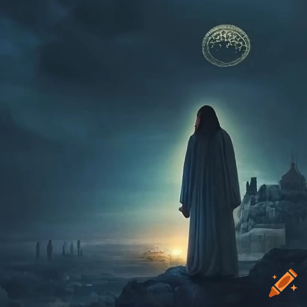 Jesus overlooking Jerusalem from Gethsemane at night, deep in ...