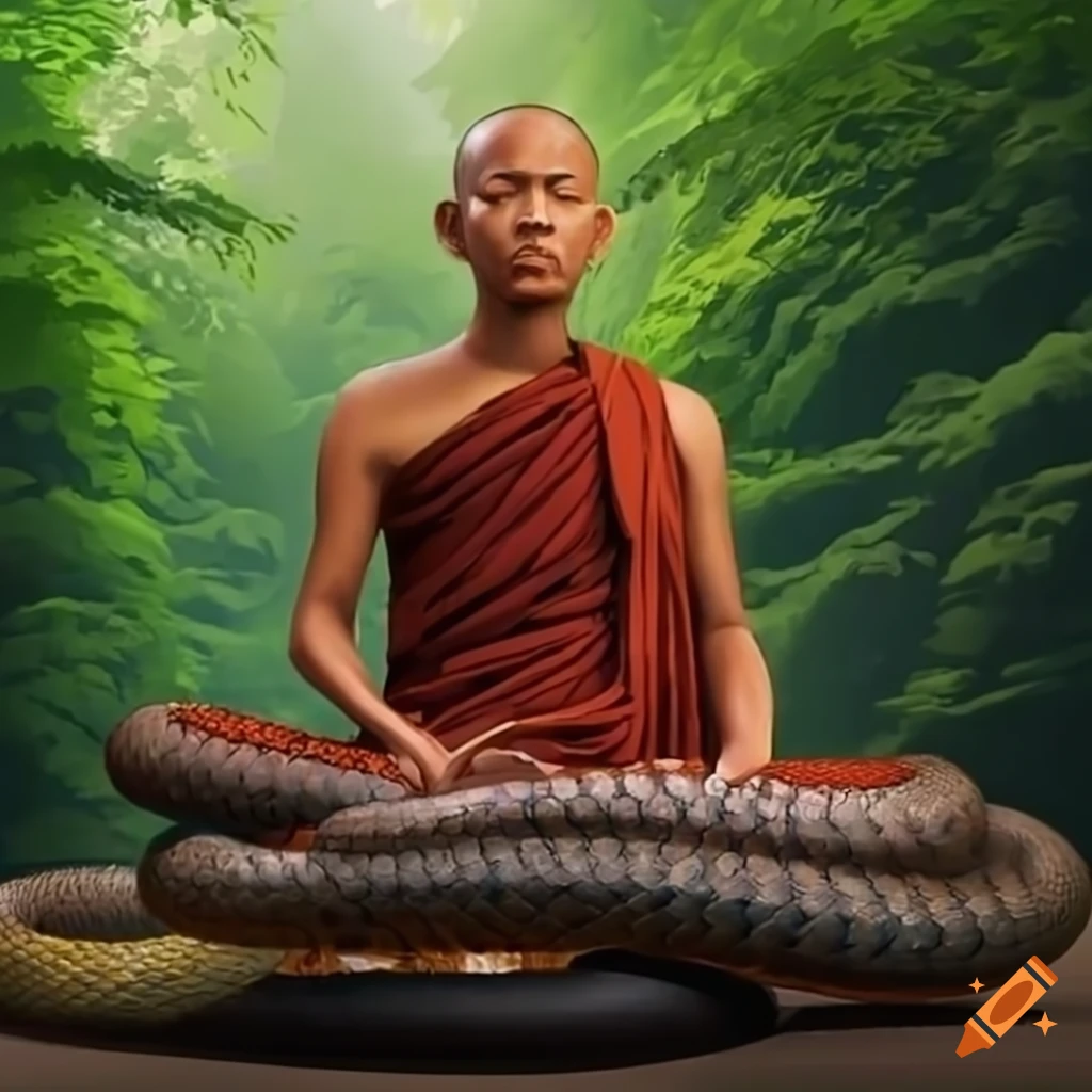 Monks meditating near a big snake in the mountain forest by the river ...