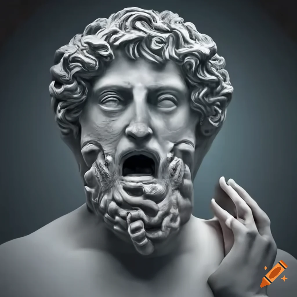 Greek god in fearful expression with hands on cheeks on Craiyon