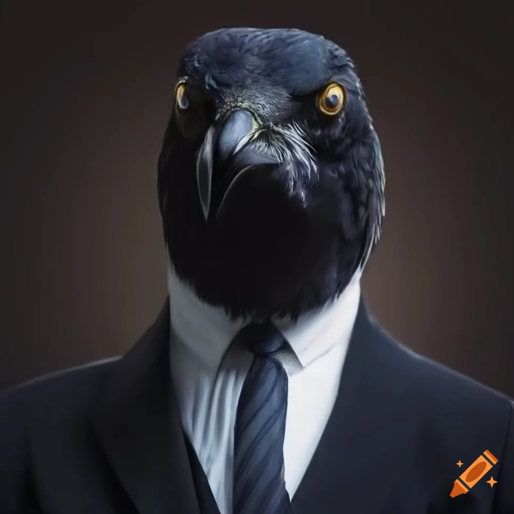 Crow wearing a suit and tie in a headshot on Craiyon
