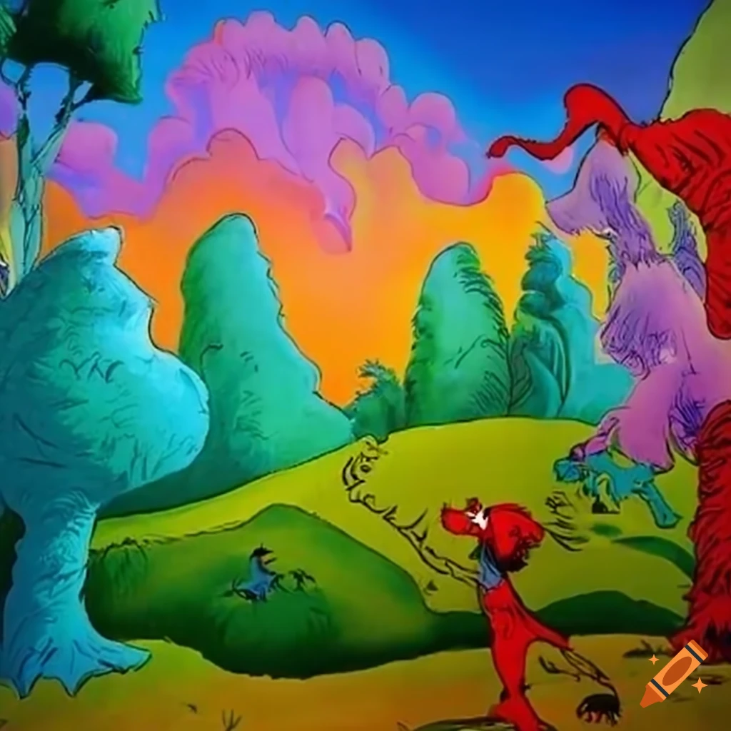 Landscape backdrop with vivziepop and dr. seuss styles blending on Craiyon