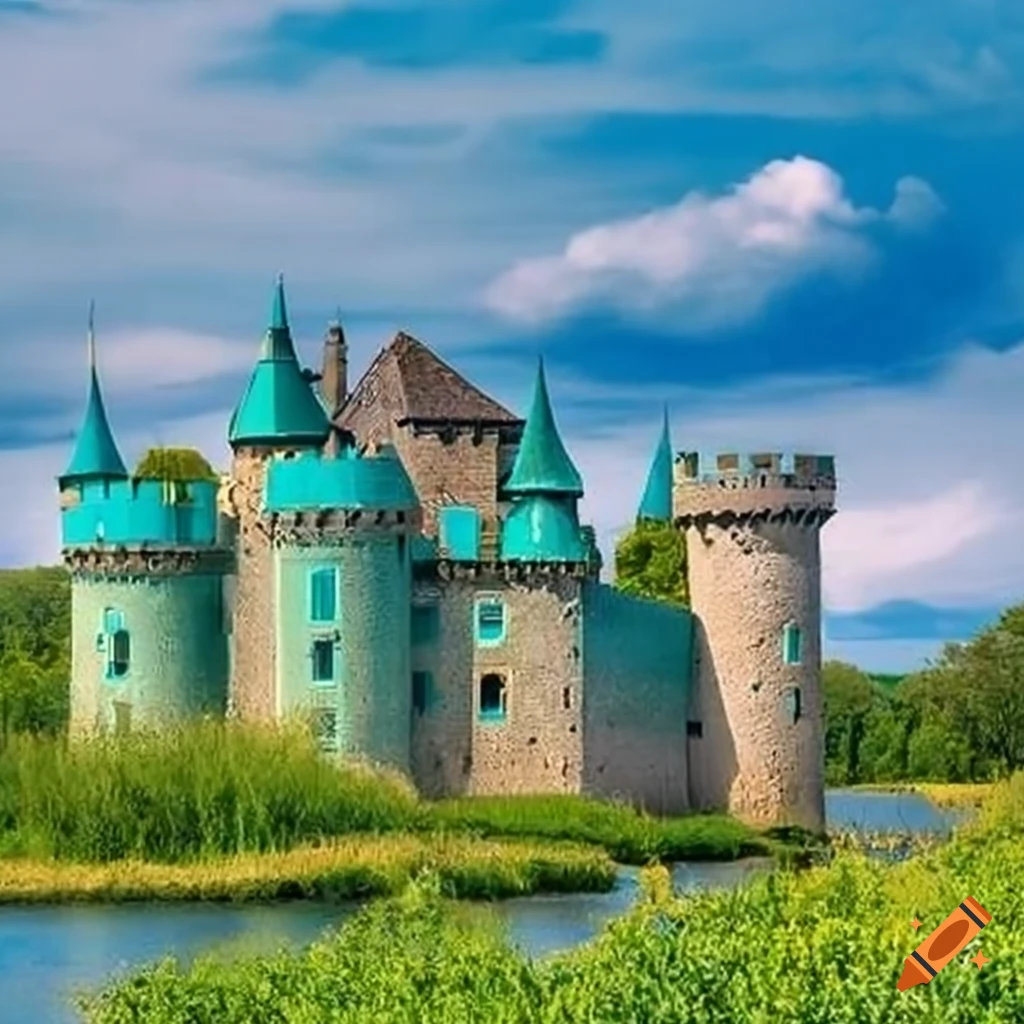 Small teal castle in the countryside on Craiyon