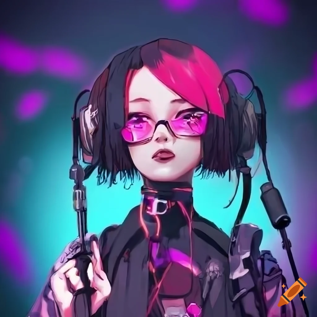 Cyberpunk rapper girl holding a mic in anime style on Craiyon
