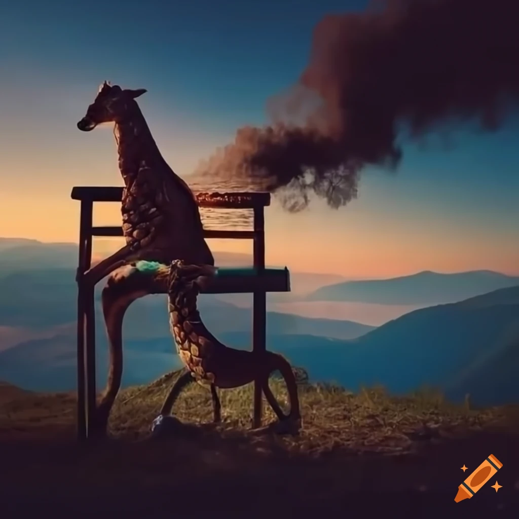 Snake and giraffe sitting on bench enjoying scenic hills view on Craiyon