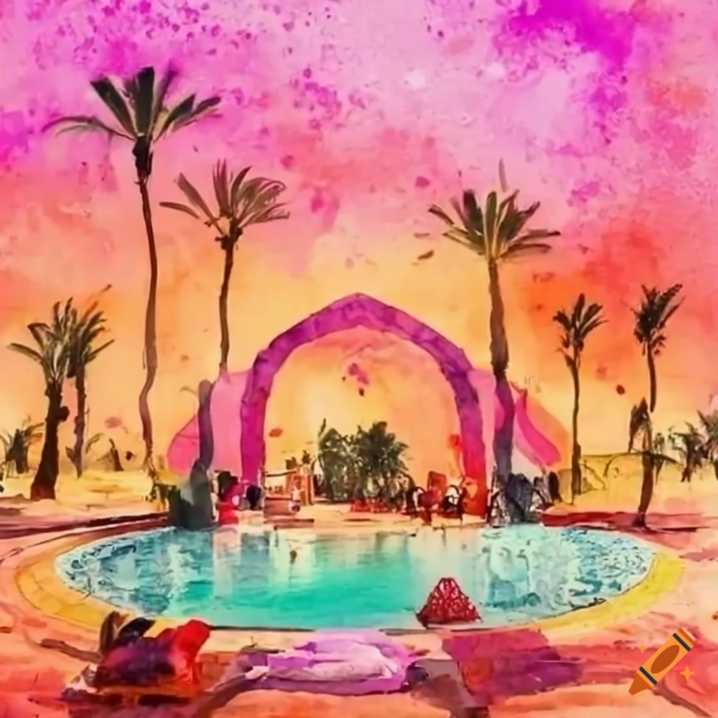 Save the date anniversary in Marrakech with Coachella festival theme featuring pool, olive trees ...
