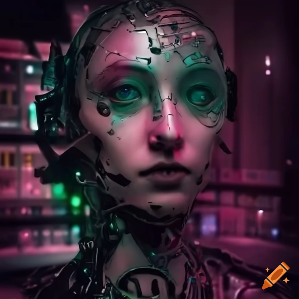 Cyborg goddess with human-cybernetic features in a dark cyberpunk ...