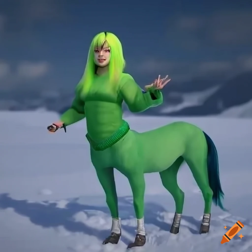Billie Eilish as a green Centaur in the snow on Craiyon