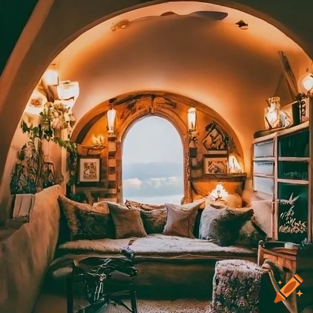 Cozy hobbit living room interior in aesthetic photography style on Craiyon