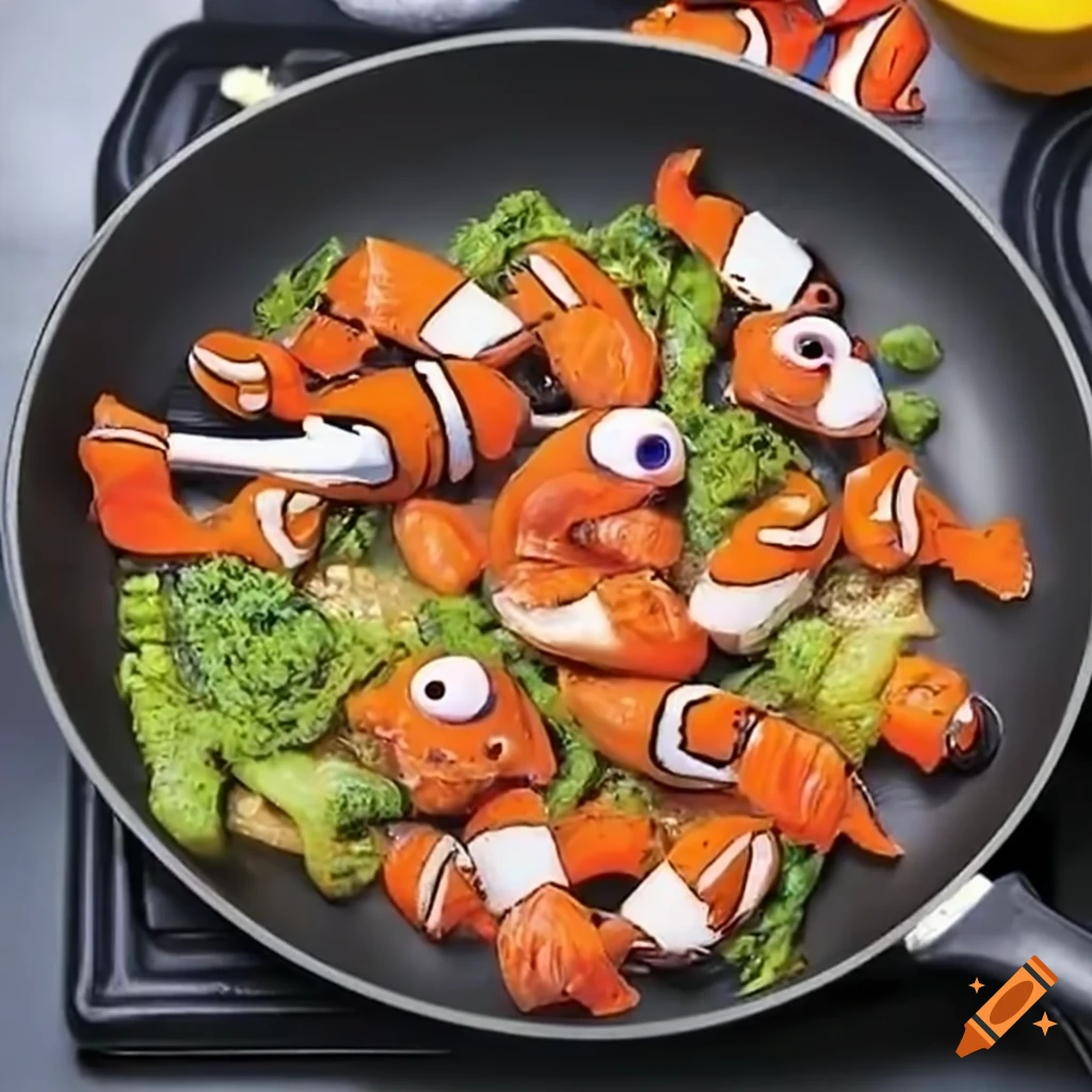 Finding nemo stir-fry in a frying pan on Craiyon