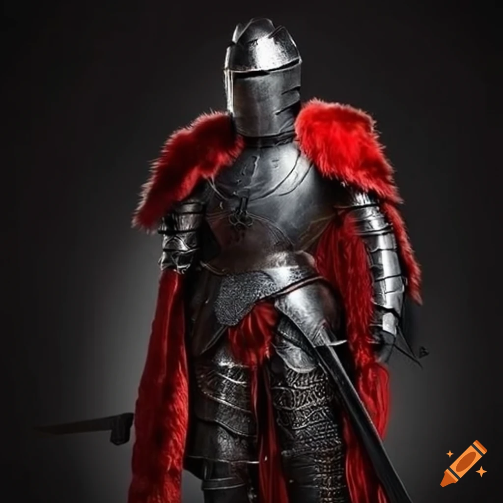 Damaged black knight in red satin fur cape on Craiyon