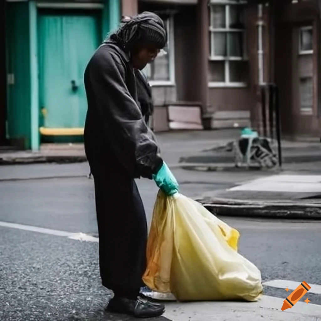 Concept of homeless individual collecting litter for rewards and ...