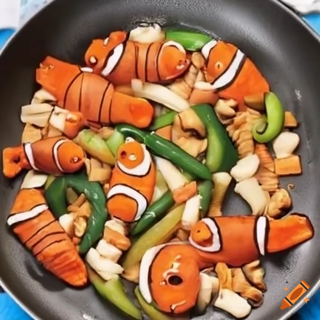 Finding nemo stir-fry in a skillet on Craiyon