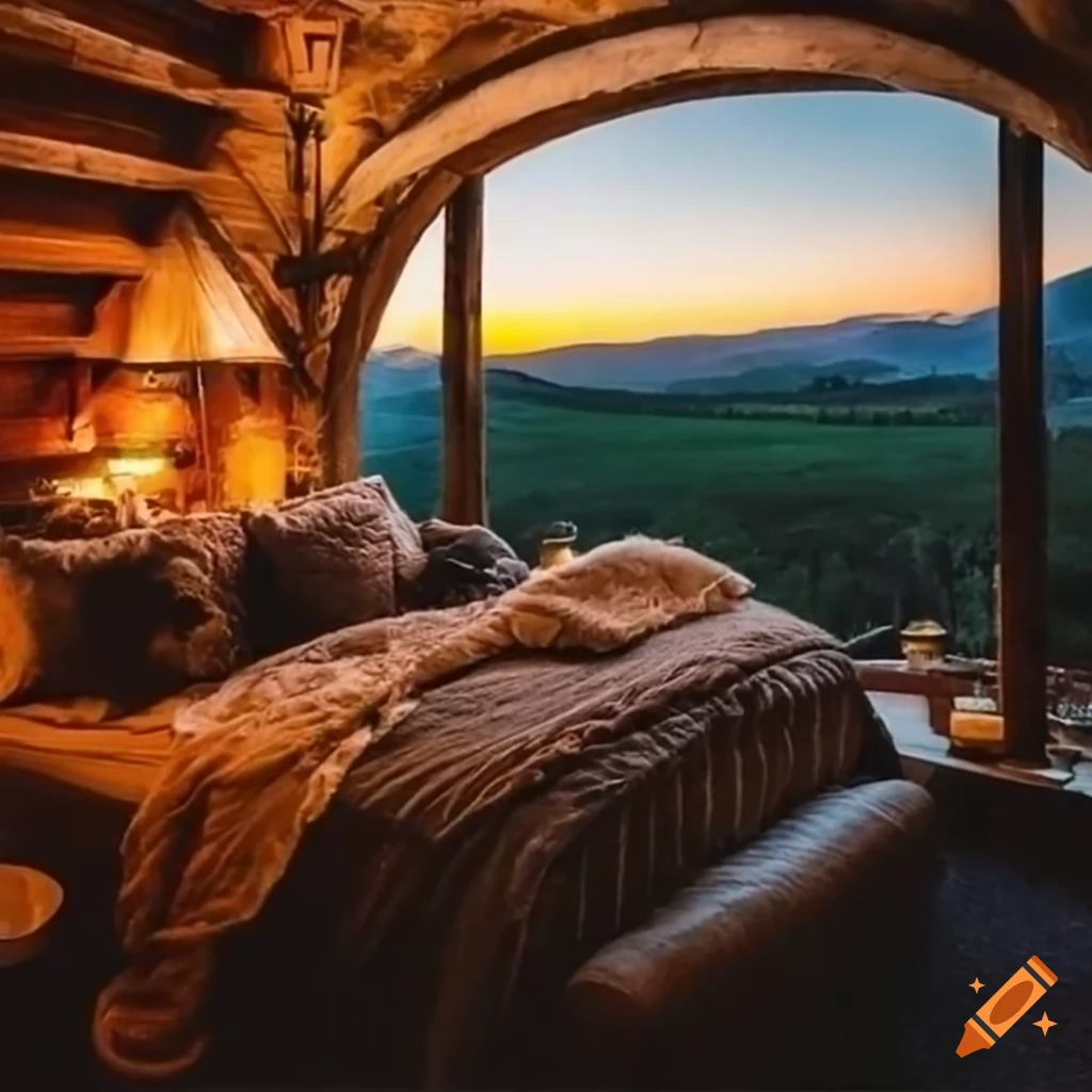 Cozy hobbit bedroom in an aesthetic setting on Craiyon