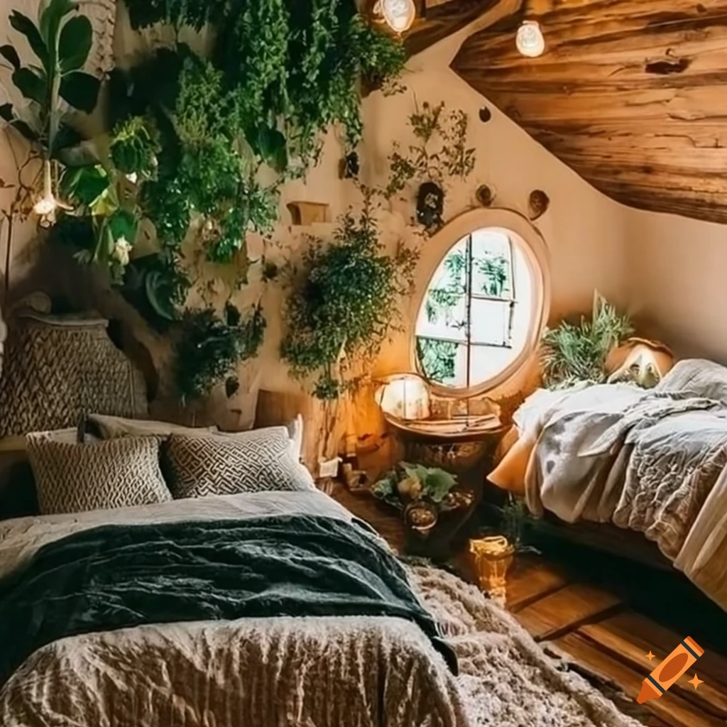 Cozy hobbit bedroom with potted plants and greenery on Craiyon