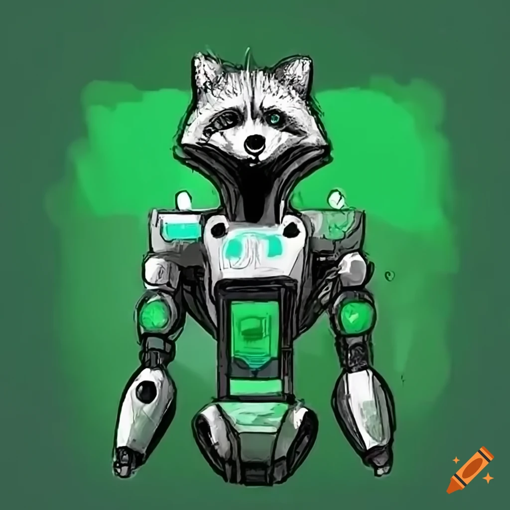 Robot raccoon with a color palette of green, black, and white on Craiyon
