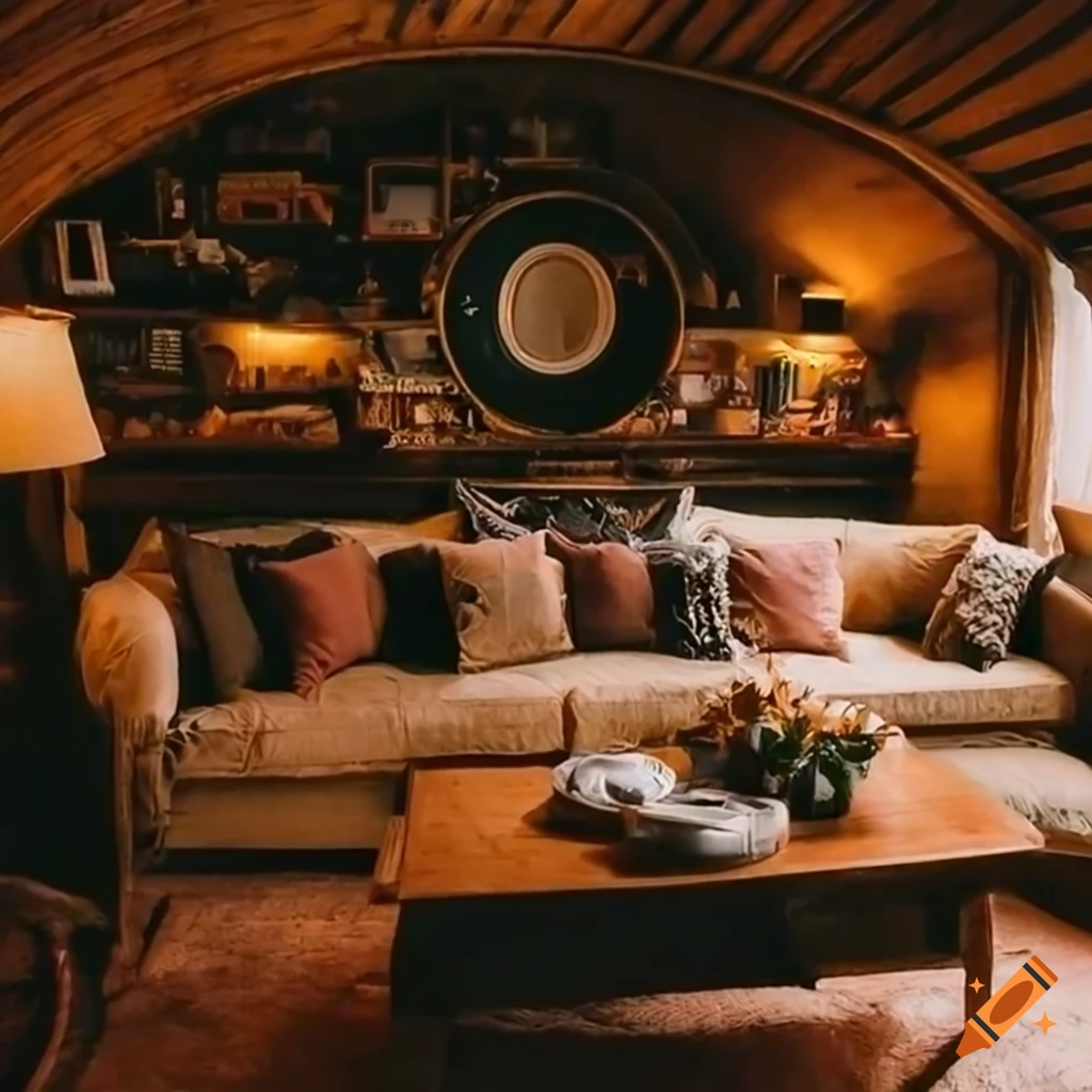 Cozy hobbit living room in an aesthetic photography style on Craiyon