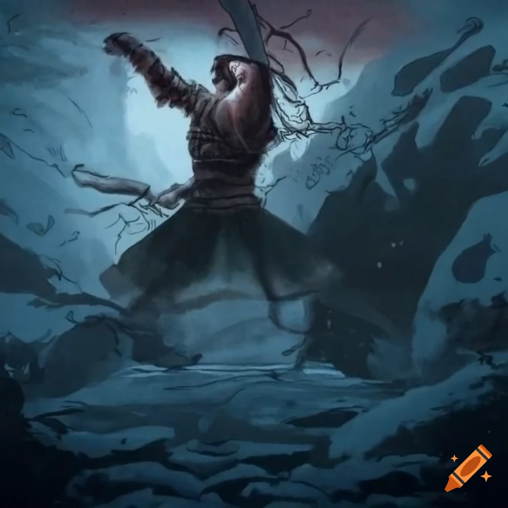 Warrior jumping into battle in snow with washed out art style on Craiyon