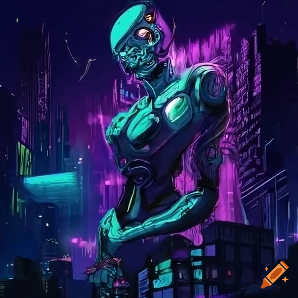 Cityscape blending biopunk and cyberpunk elements with cyborg animals ...