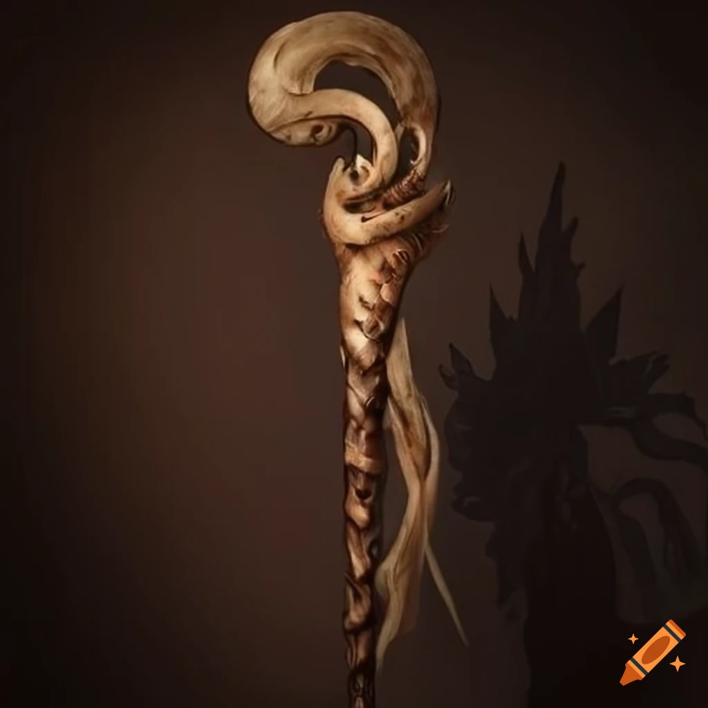 Captivating sorceress' staff made of rowan wood with intricate ...