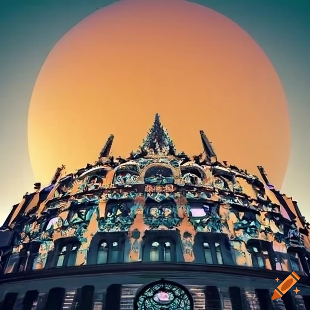 Circular crystalline building in the clouds with grand staircase and ...