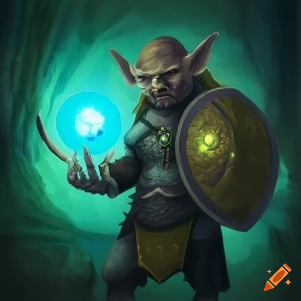 Hogoblin cleric with a bright shield and glowing orb on Craiyon