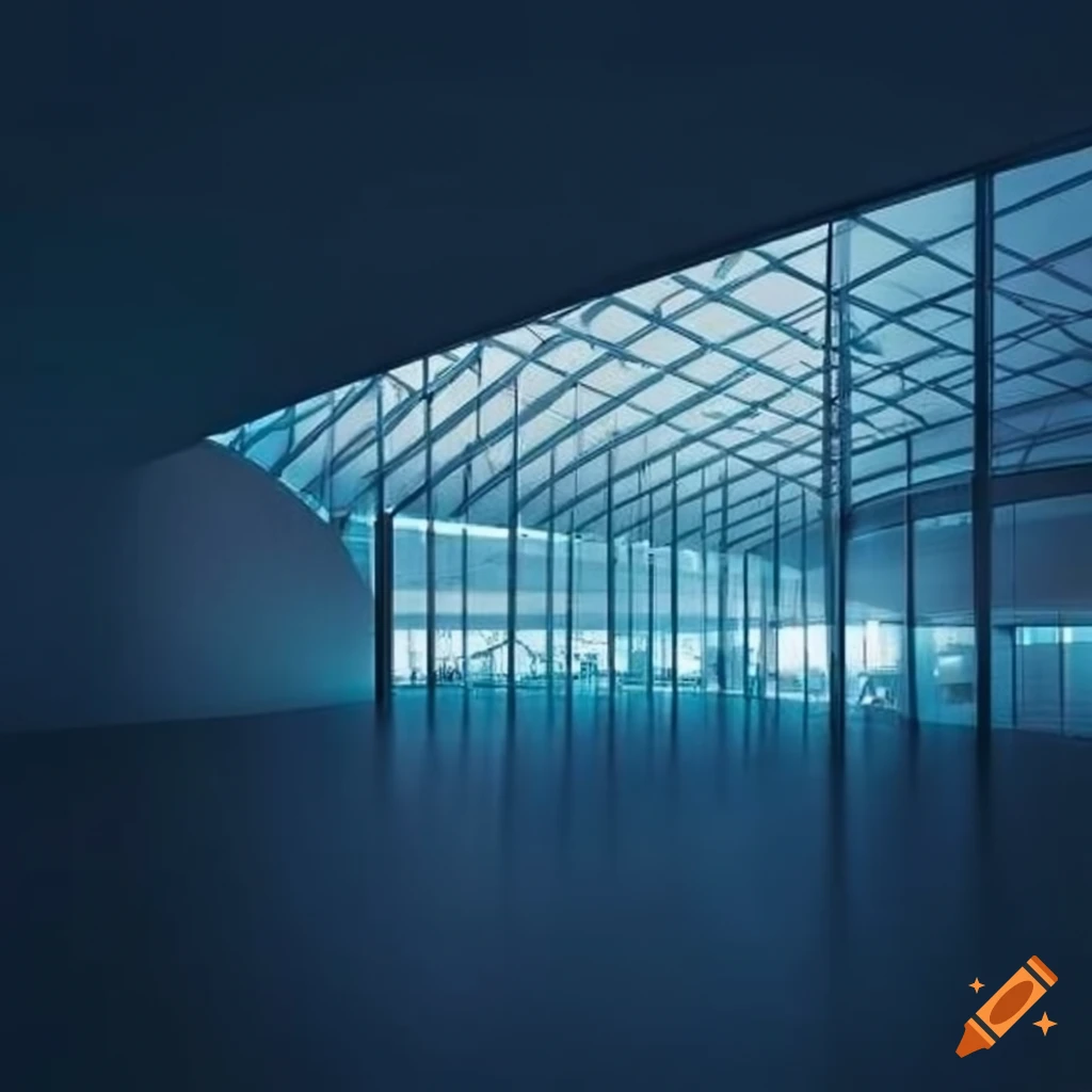 Modern architectural design of an expansive exhibition hall on Craiyon