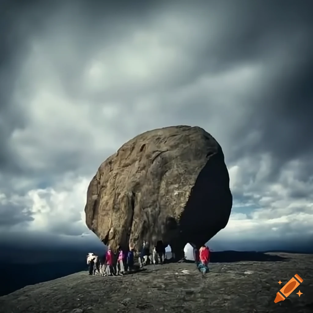 People amazed by massive isolated boulder with clouds at the top on Craiyon
