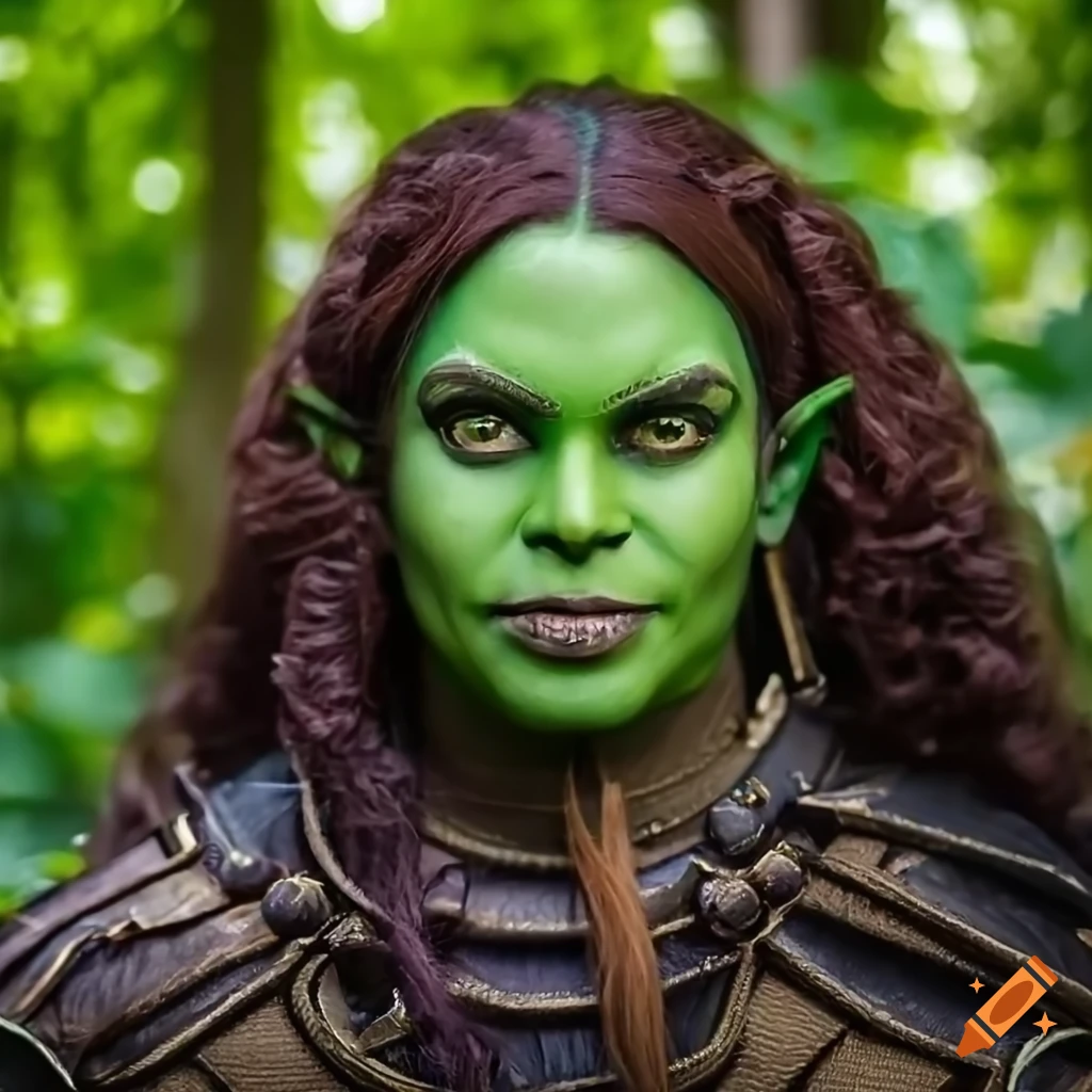 Beautiful female orc in a forest with detailed facial features looking ...