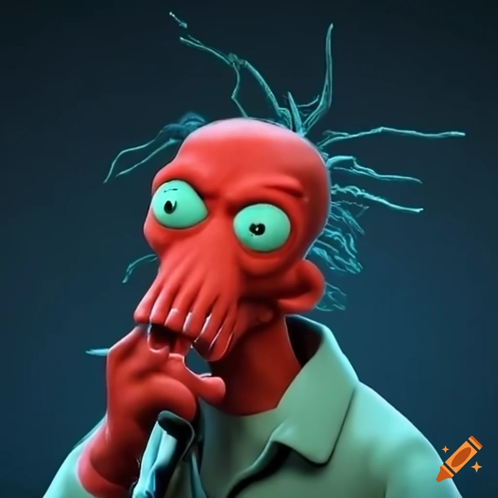 Eccentric alien Zoidberg from Futurama coding at his computer on Craiyon