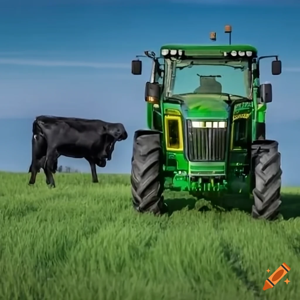 Green john deere tractor with three black cows on Craiyon