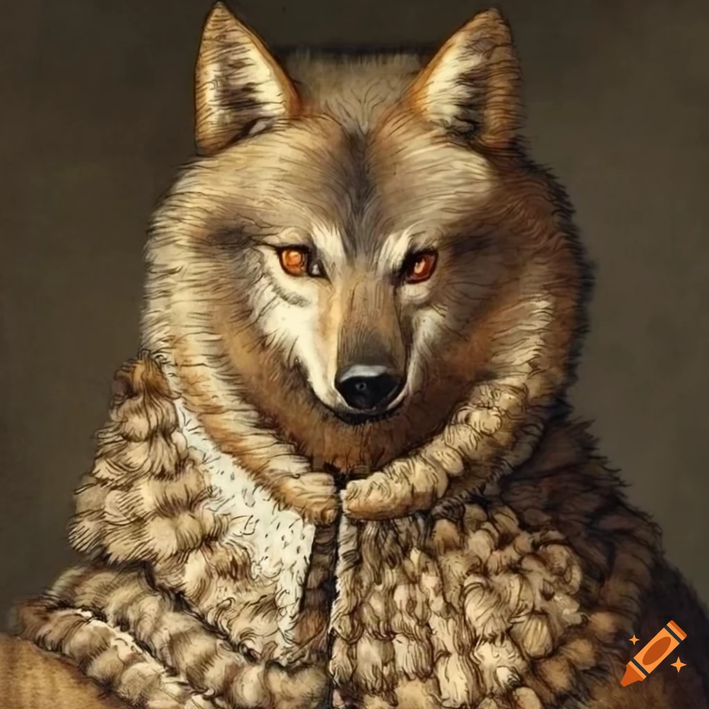 Noble wolf in a 17th-century fur robe intricately shaded on Craiyon