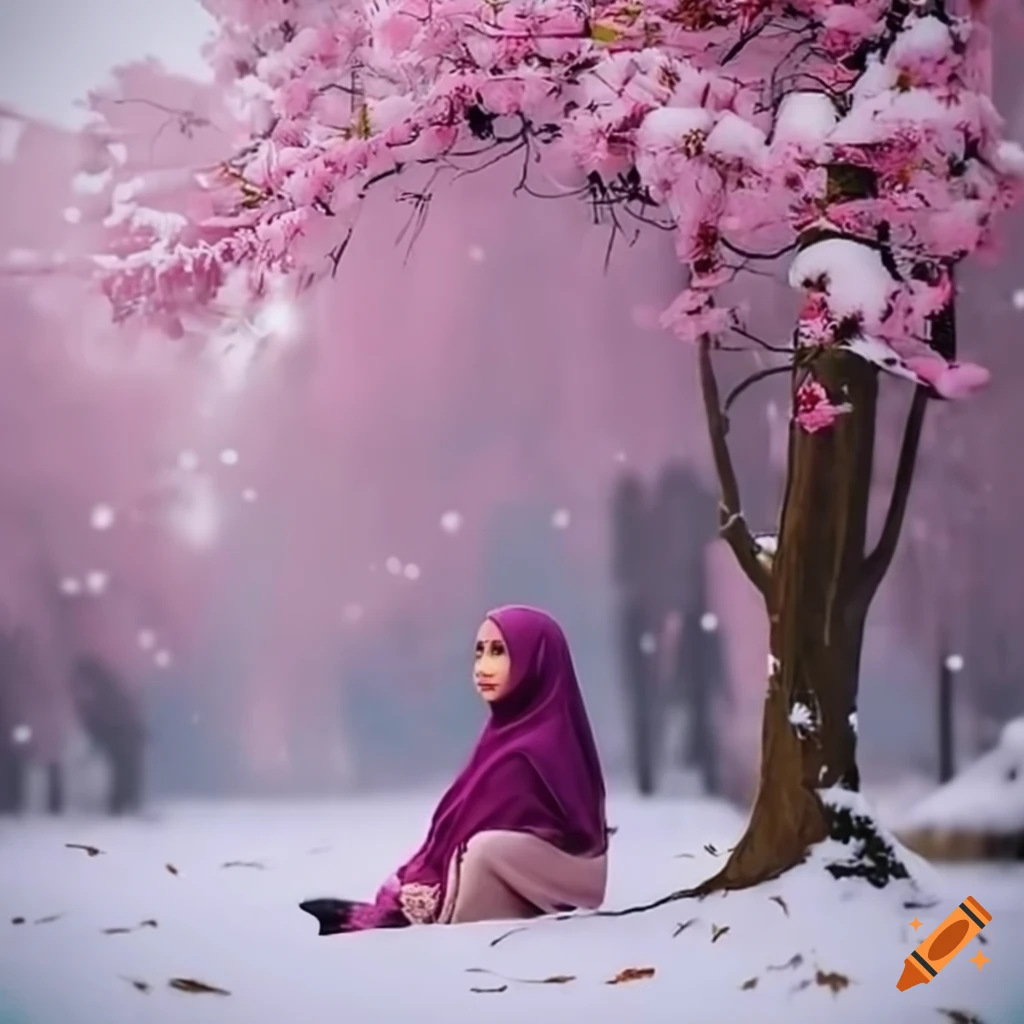 Muslim girl in kashmir with pink tree flowers in the snow on Craiyon