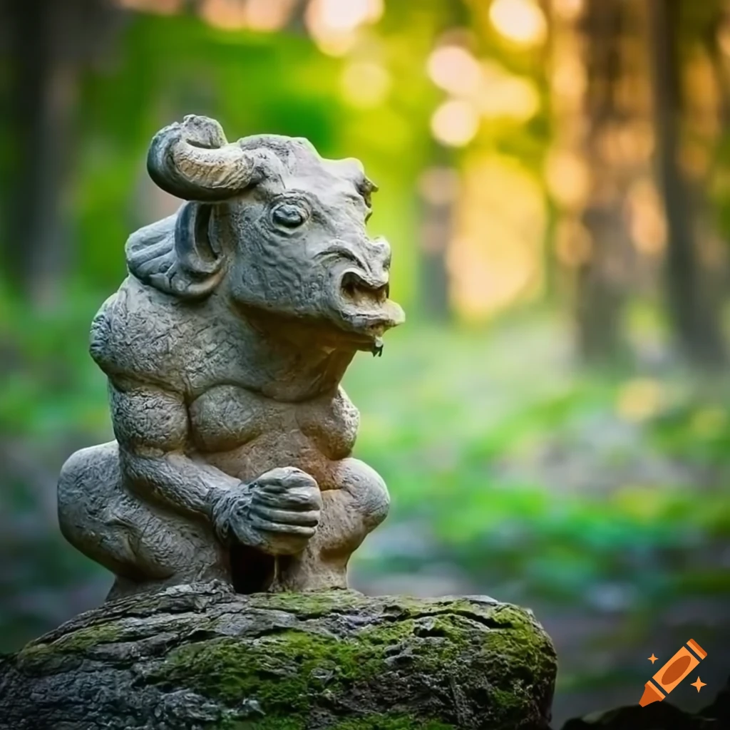 Stone carved minotaur limestone pillar in a woodland clearing on Craiyon